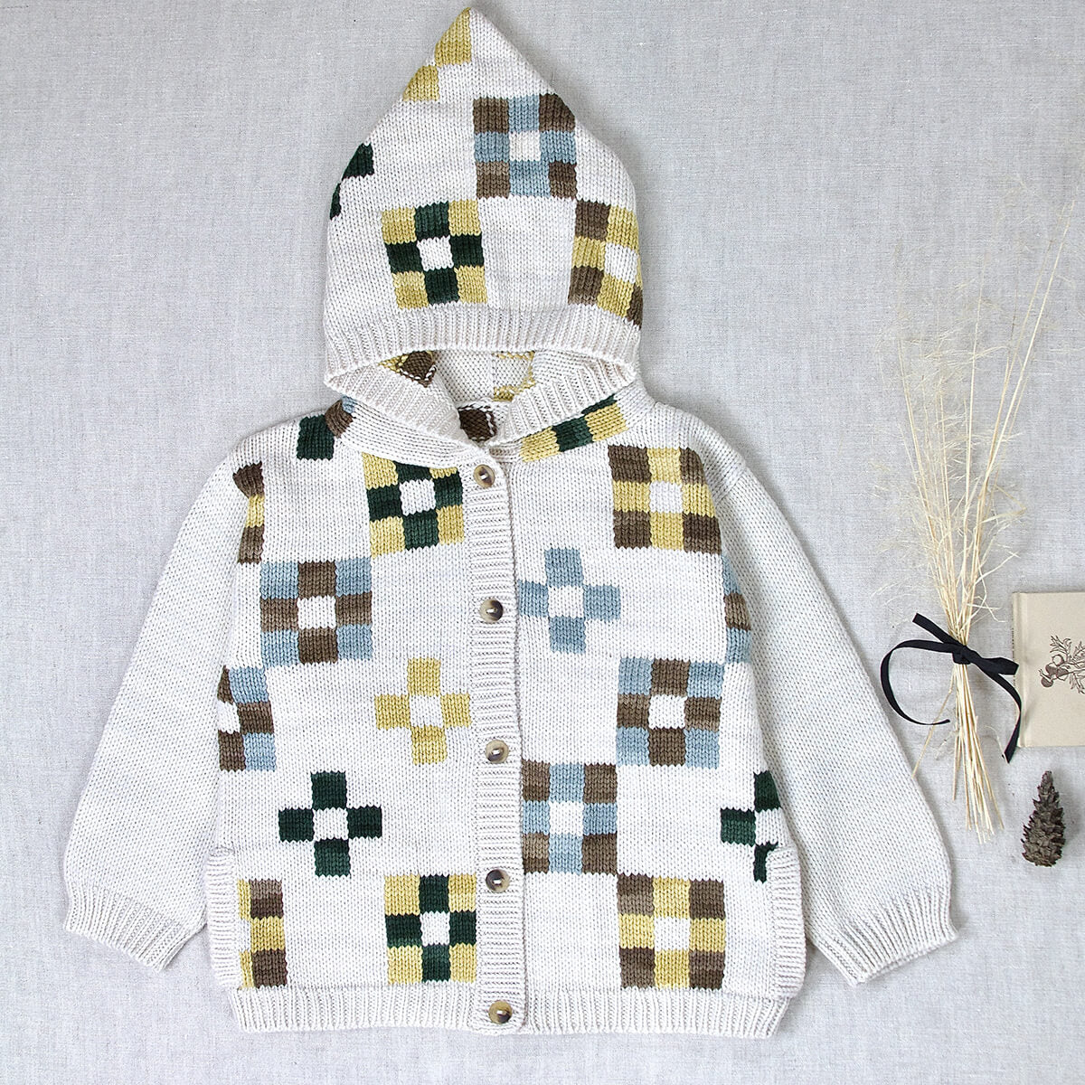 Quilt Block Hooded Cardigan in Cocoa by Iver & Isla - Last Ones In Sto – Junior Edition