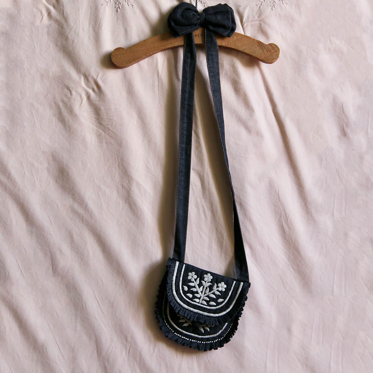 Embroidered Bag & Hair Clip in Black Denim by Bonjour – Junior Edition