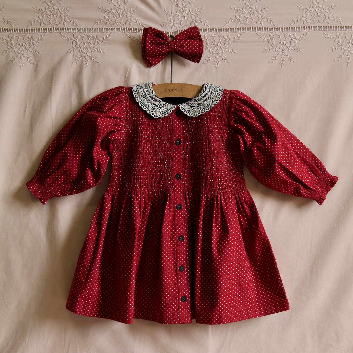 Tunique With Hair Clip in Red Wine Dot Print by Bonjour – Junior Edition