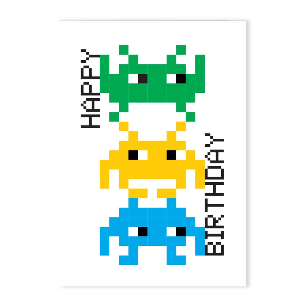 Invader Stack Birthday Greetings Card by Dicky Bird – Junior Edition