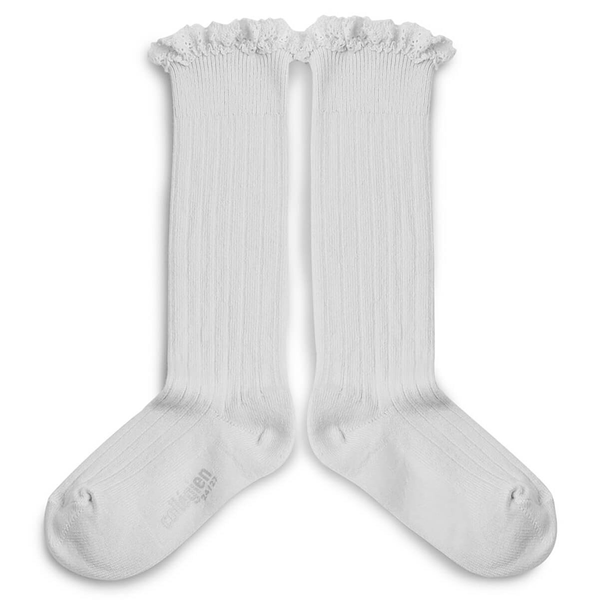Josephine Lace Trim Ribbed Knee High Socks in Blanc Neige by Collegien ...
